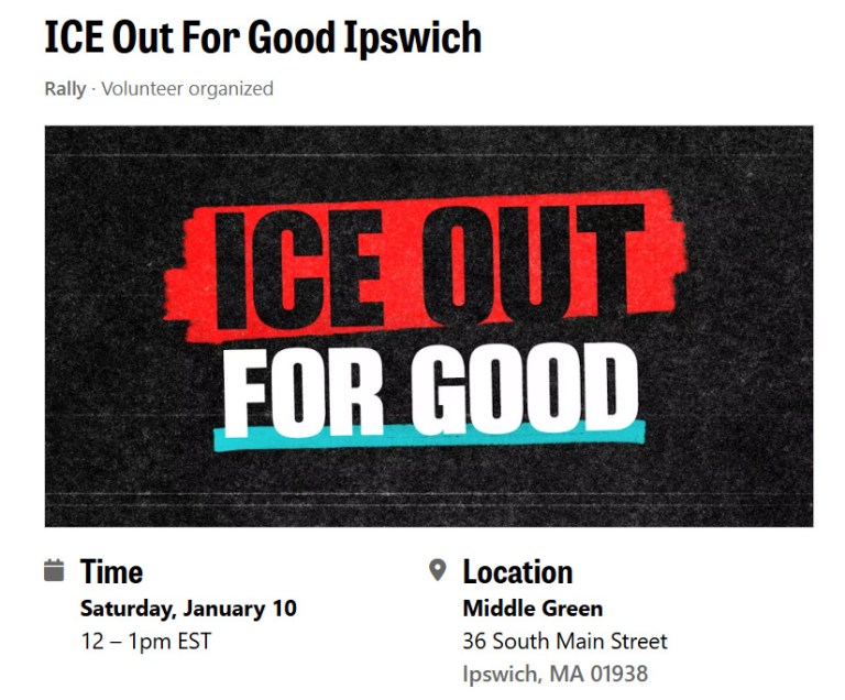 Ipswich “Ice Out for Good” rally, Saturday, January 10 – Historic Ipswich